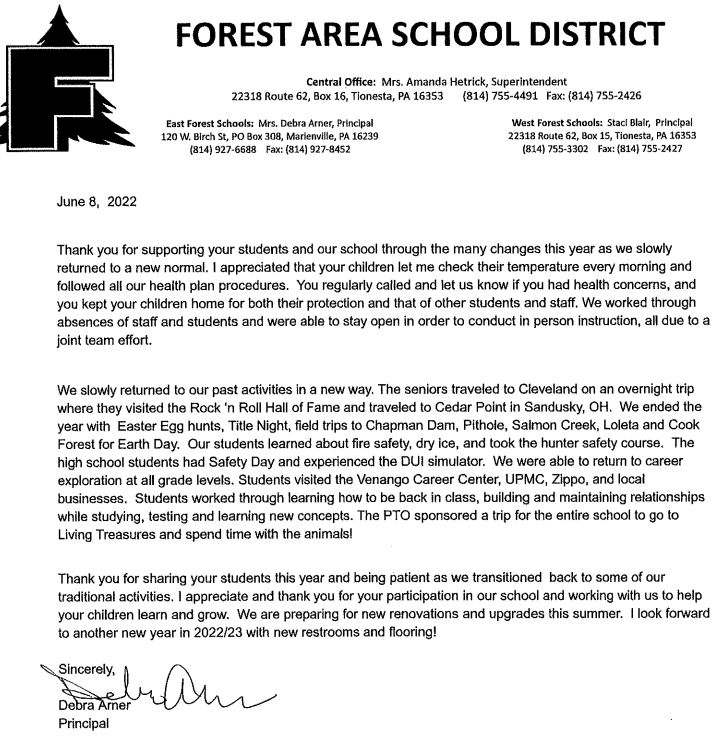 A Letter from East Forest - Forest Area School District